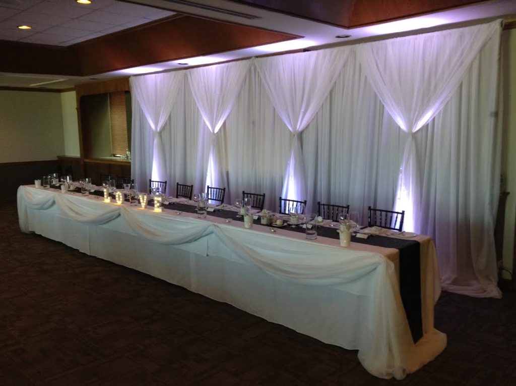 White Draping Head Table backdrop with front accent swag and White ...