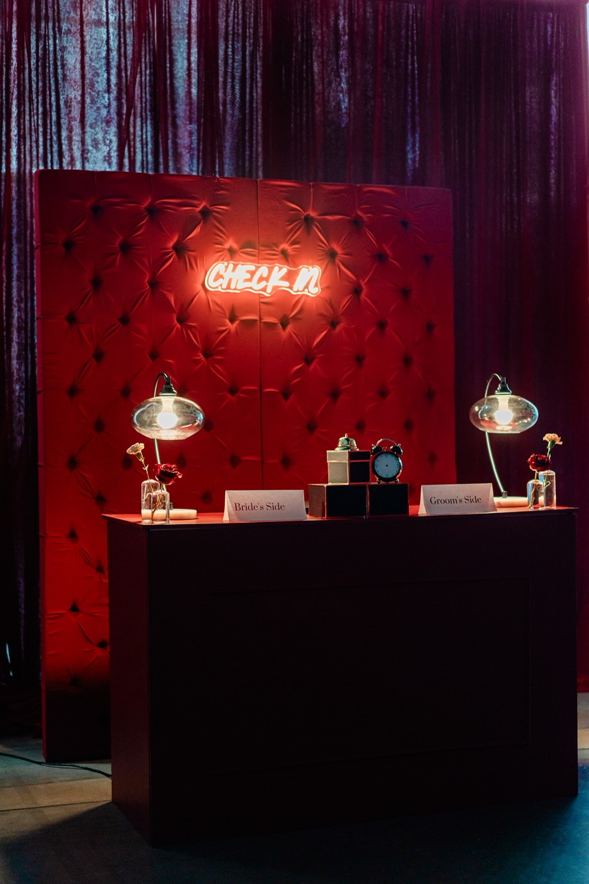 8'tall x 6'wide Red Fabric Tuffeted Wall Backdrop with Check in Sign ...